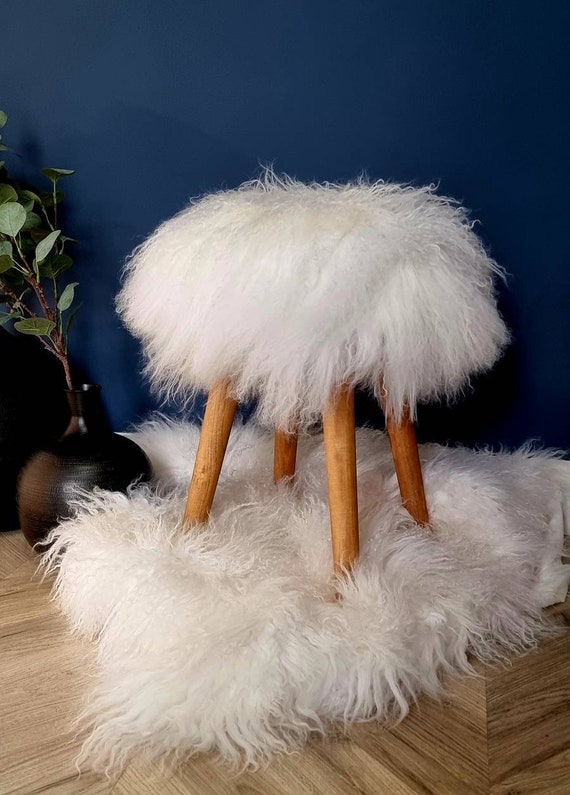 100% Genuine Mongolian Fur Stool White With Wooden Legs. - Etsy