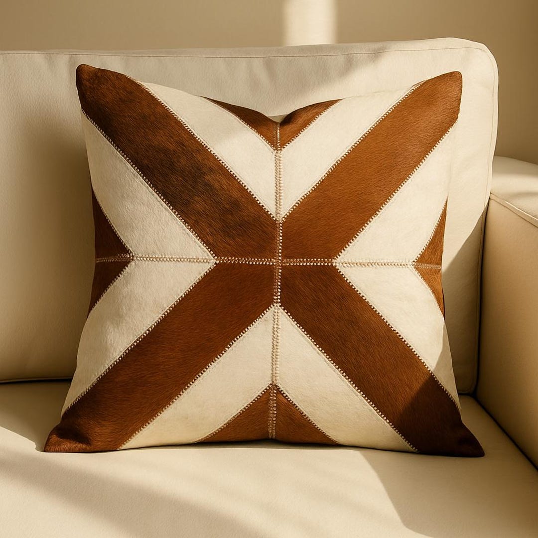 Cowhide Cushion Cover 48x48 Starburst Pattern Real Leather Pillow Brown ...
