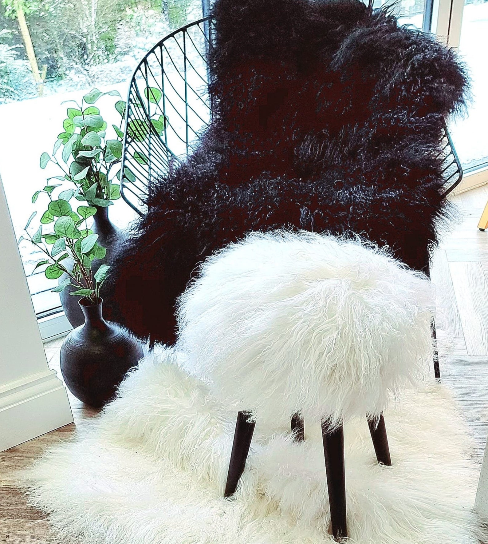 Sheepskin Fur Wooden Stool Handmade With Black Legs - 100% Genuine ...