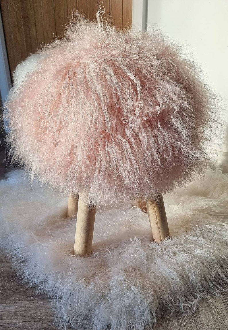 100% Genuine Mongolian Sheepskin Fur Stool Pink With Wooden - Etsy