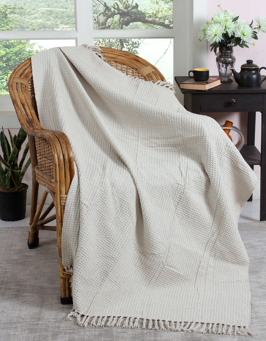 100% Cotton Honeycomb Throw, Breathable Bed Blanket, Soft Waffle ...