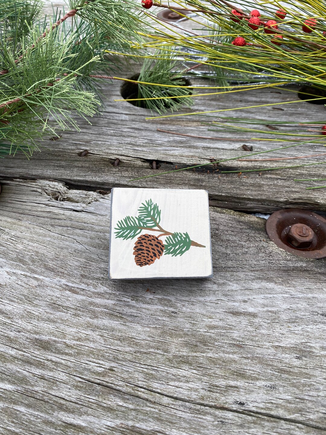 Mini Wooden Pinecone Painting / Mini Tier Tray Winter Sign / Northwoods ...