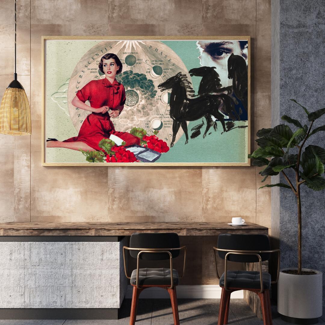 Vintage Moon Phases Collage Art Print | Red Dress, Surreal Horses ...