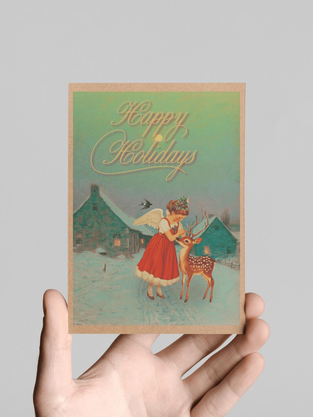Vintage Angel and Fawn Christmas Card – Retro Holiday Greeting (digital ...