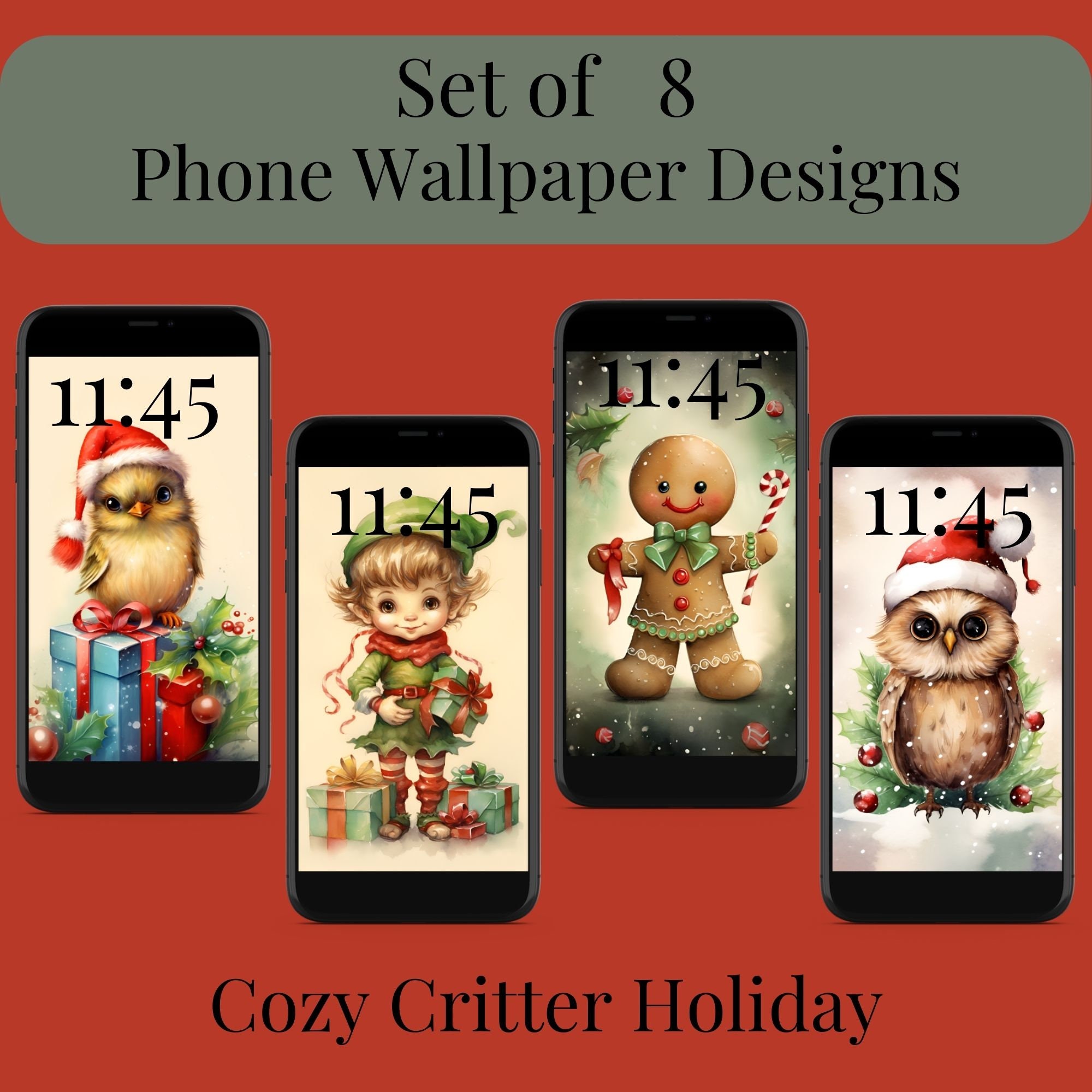 Cozy Critter Christmas Phone Wallpaper: Winter Holiday Designs (digital ...