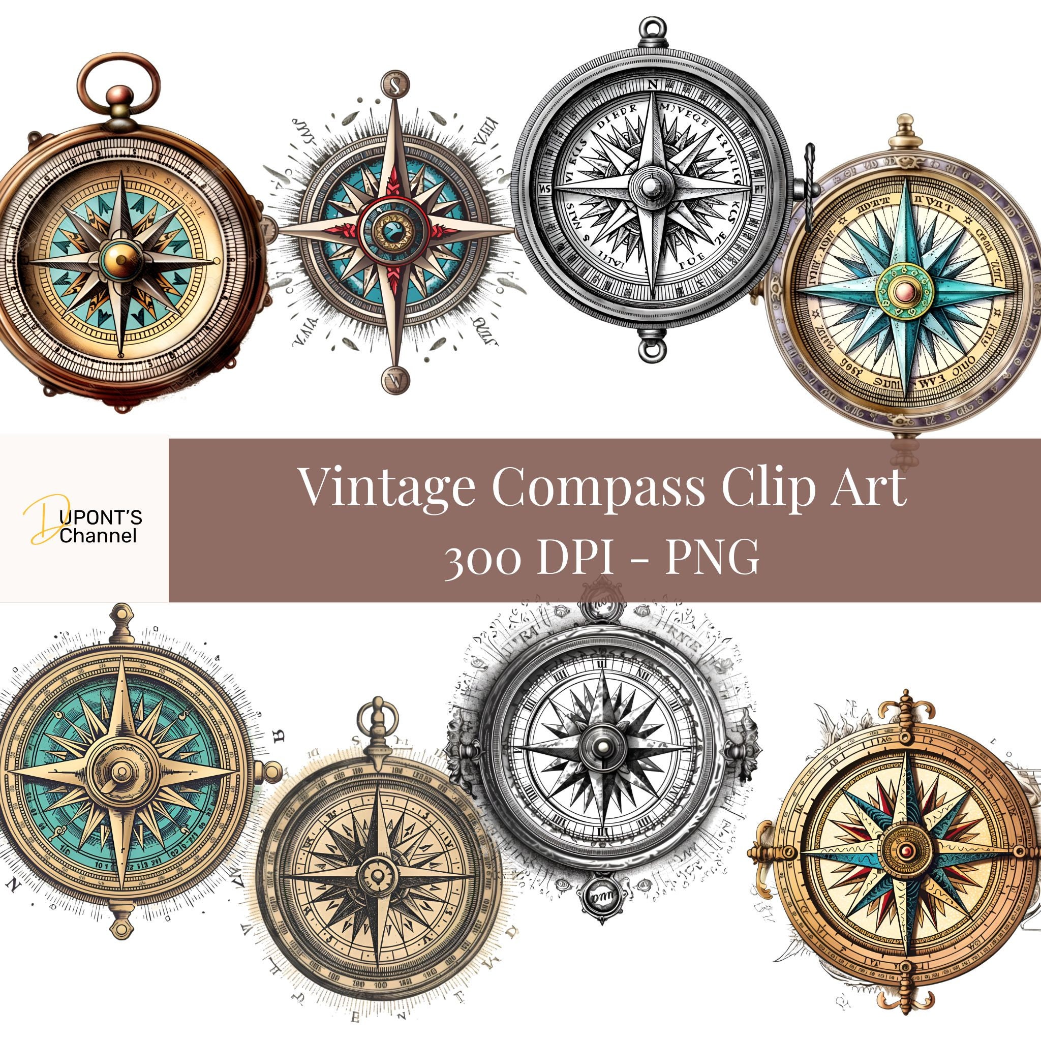 Vintage Explorer Compass Clip Art, Ship Navigation PNG Digital Download ...