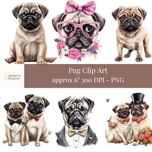Pug Clip Art Set, Dressed up Dogs Clipart, Pet Friendly 14 PNG Files ...
