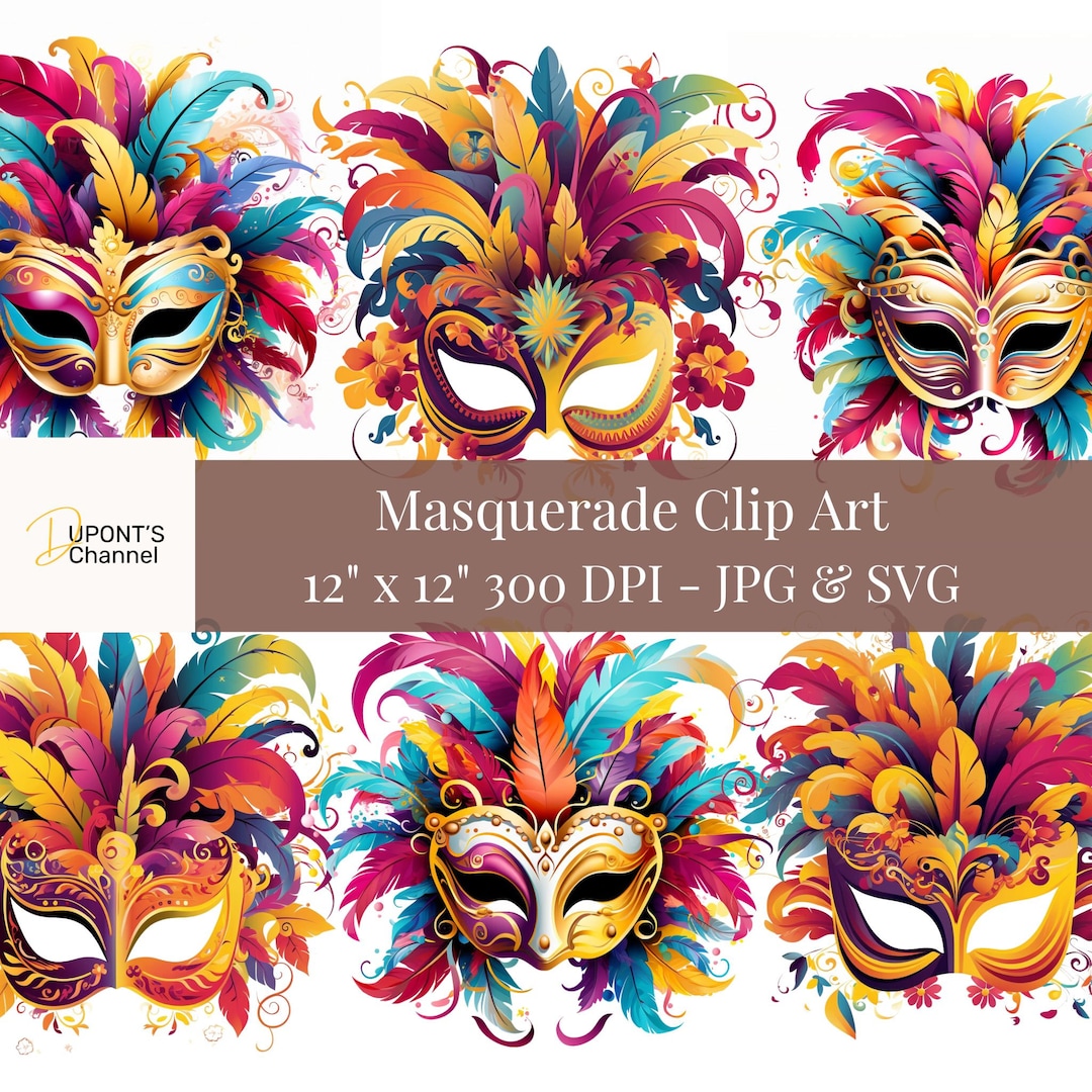 Mardi Gras Masquerade Clip Art - Vibrant Face Masks Clip Art for a ...