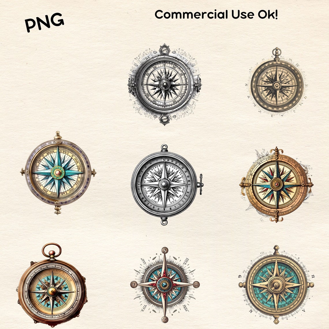 Vintage Explorer Compass Clip Art, Ship Navigation PNG Digital Download ...