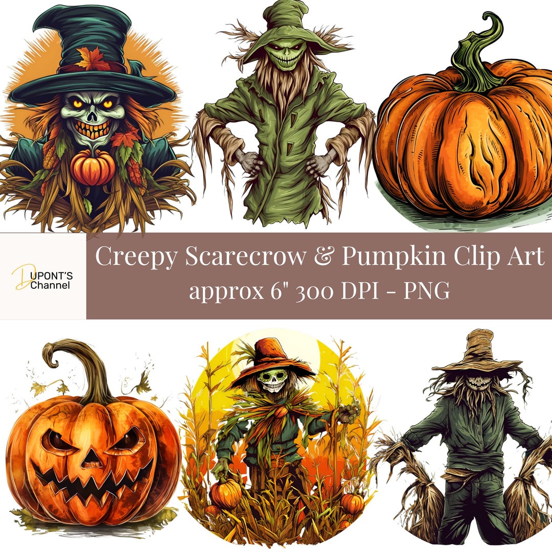 Creepy Scarecrow and Pumpkin Clip Art Set, Haunted Autumn Harvest ...