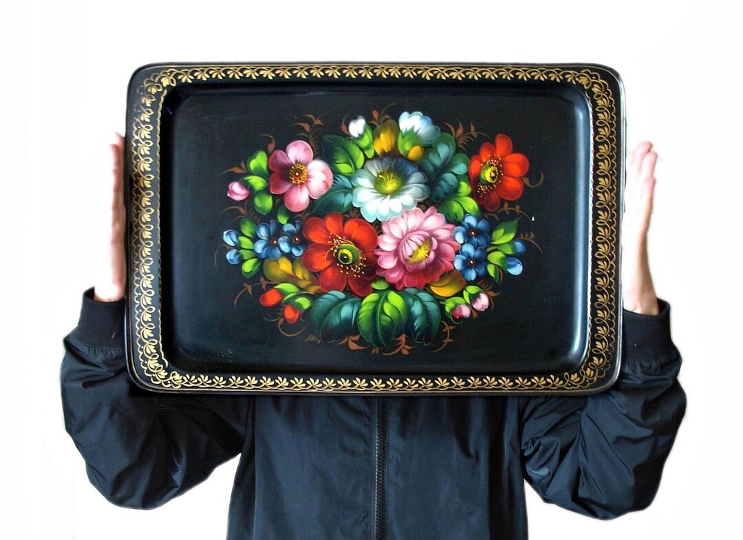 Vintage Russian Hand Painted Serving Tray Flowers. Vintage Serving Tray ...