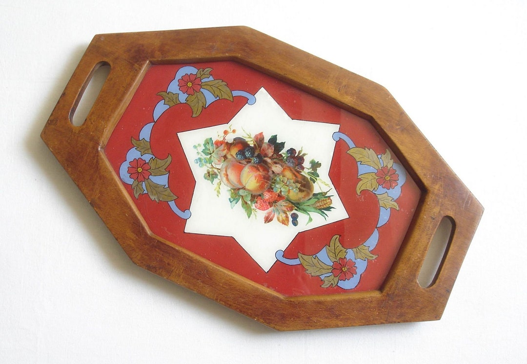 Vintage Wooden Serving Tray With Handles and Glass, Coffee Tea Serving ...