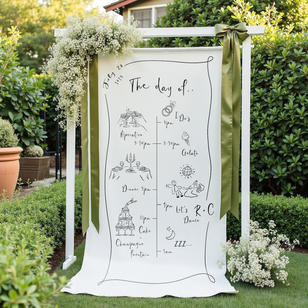 Whimsical Wedding Timeline Sign With Icons on Cotton Satin ...