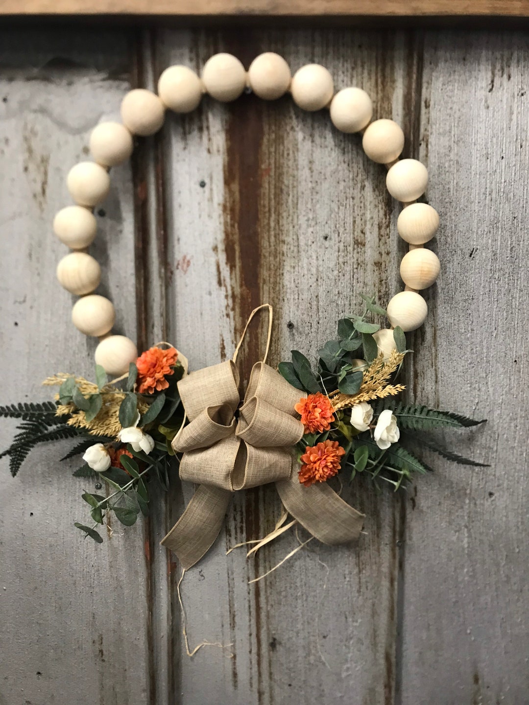 Split Ball Wreath, Fall Wreath, Wood Bead Wreath, Fall Farmhouse ...