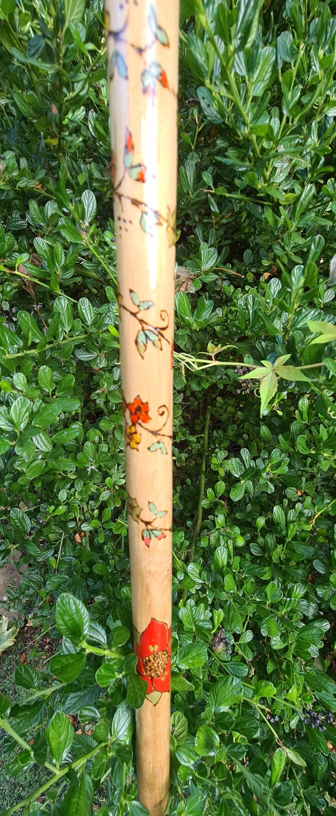 Hand Painted Floral Walking Stick Wooden Staff 51in Red Flowers, Buds ...