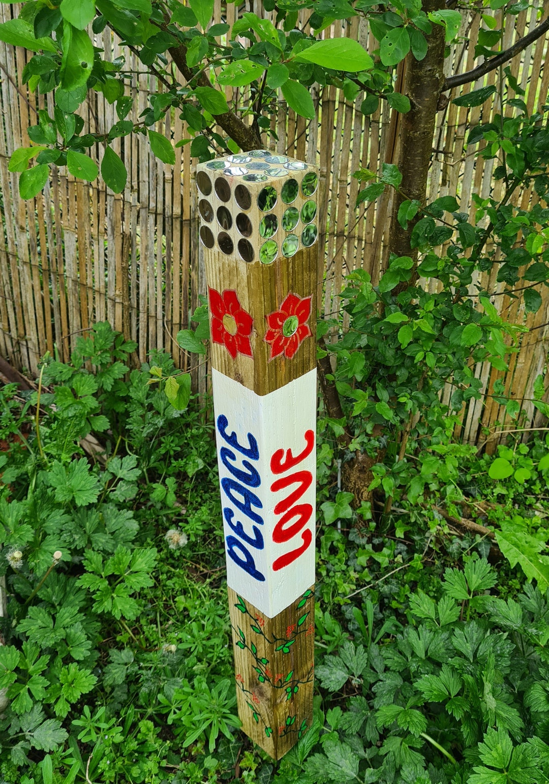 Peace Pole, Wooden Garden Art, Stake, Mirrored Totem, Yard Art, Whimsy ...
