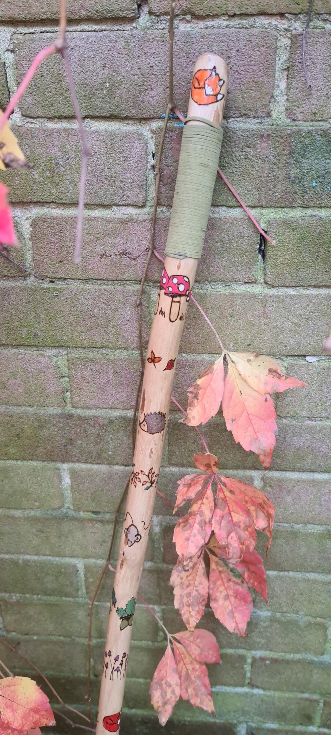 Handcrafted Wooden Staff Stick Pole. Painted Autumn, Mice, Foxes ...