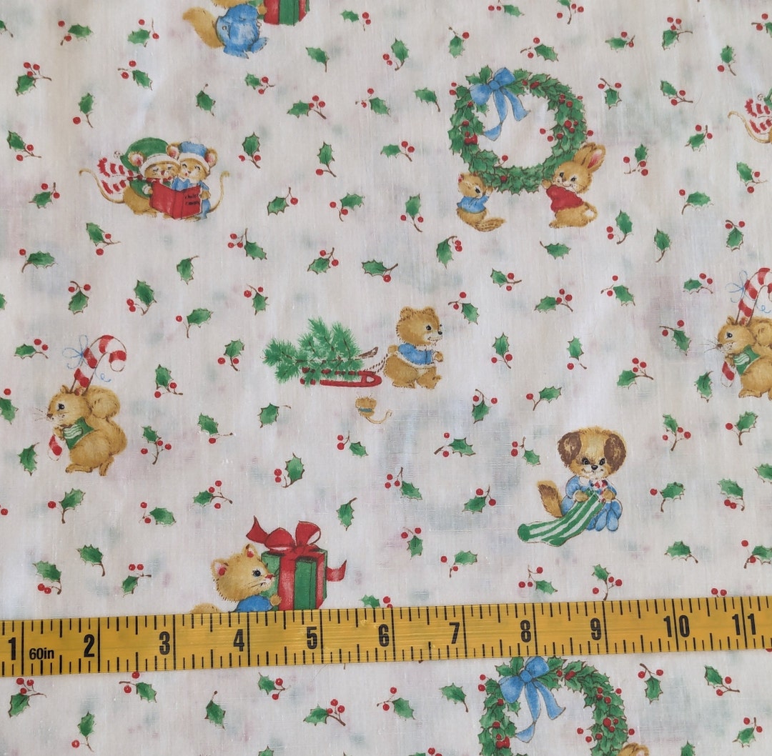 Vintage Christmas Fabric by the Half Yard Cute Animals Presents Wreath ...