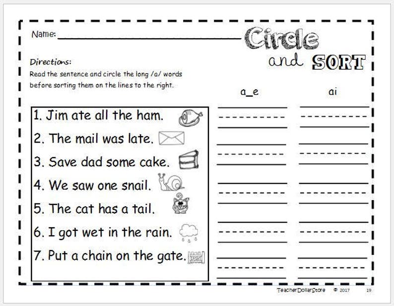 Worksheets : Long Vowel /a/ No Prep Printables - Etsy