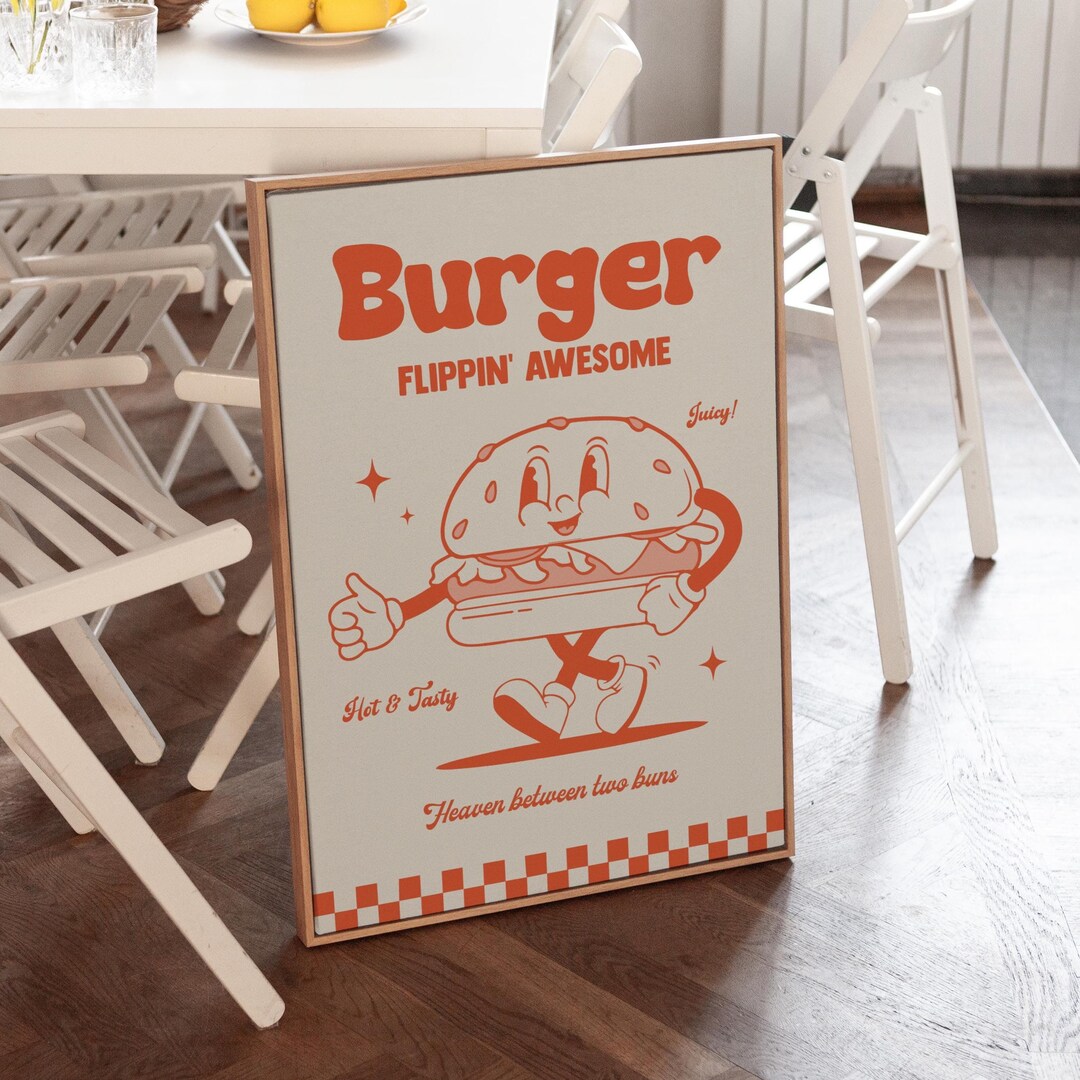 Retro Cartoon Burger Print, Charming Retro Style Burger Print, Gift for ...