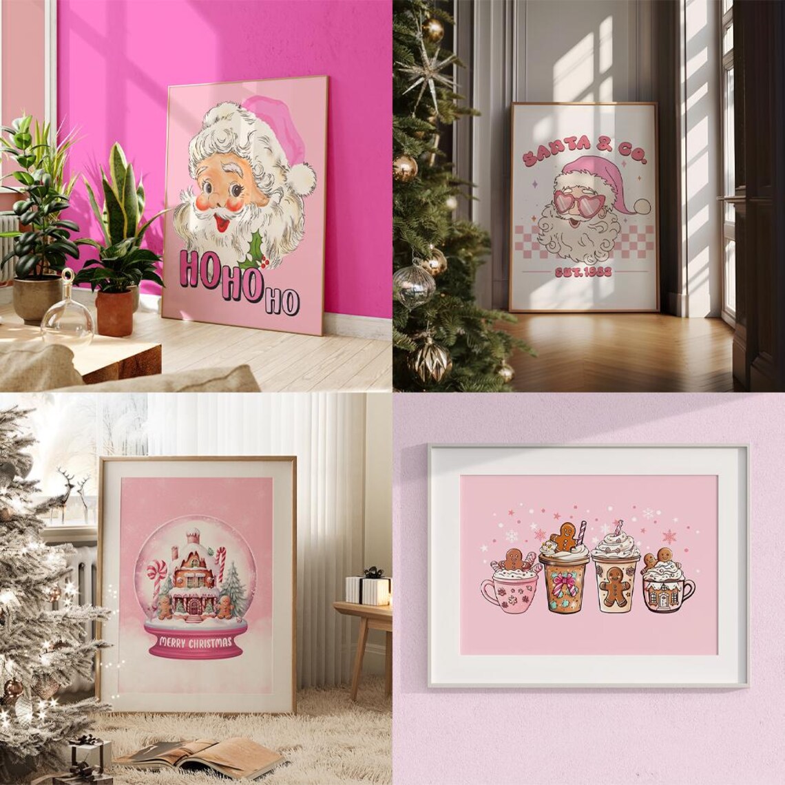 Pink Christmas Prints Wall Art Poster, Vintage Retro Christmas Wall Art ...