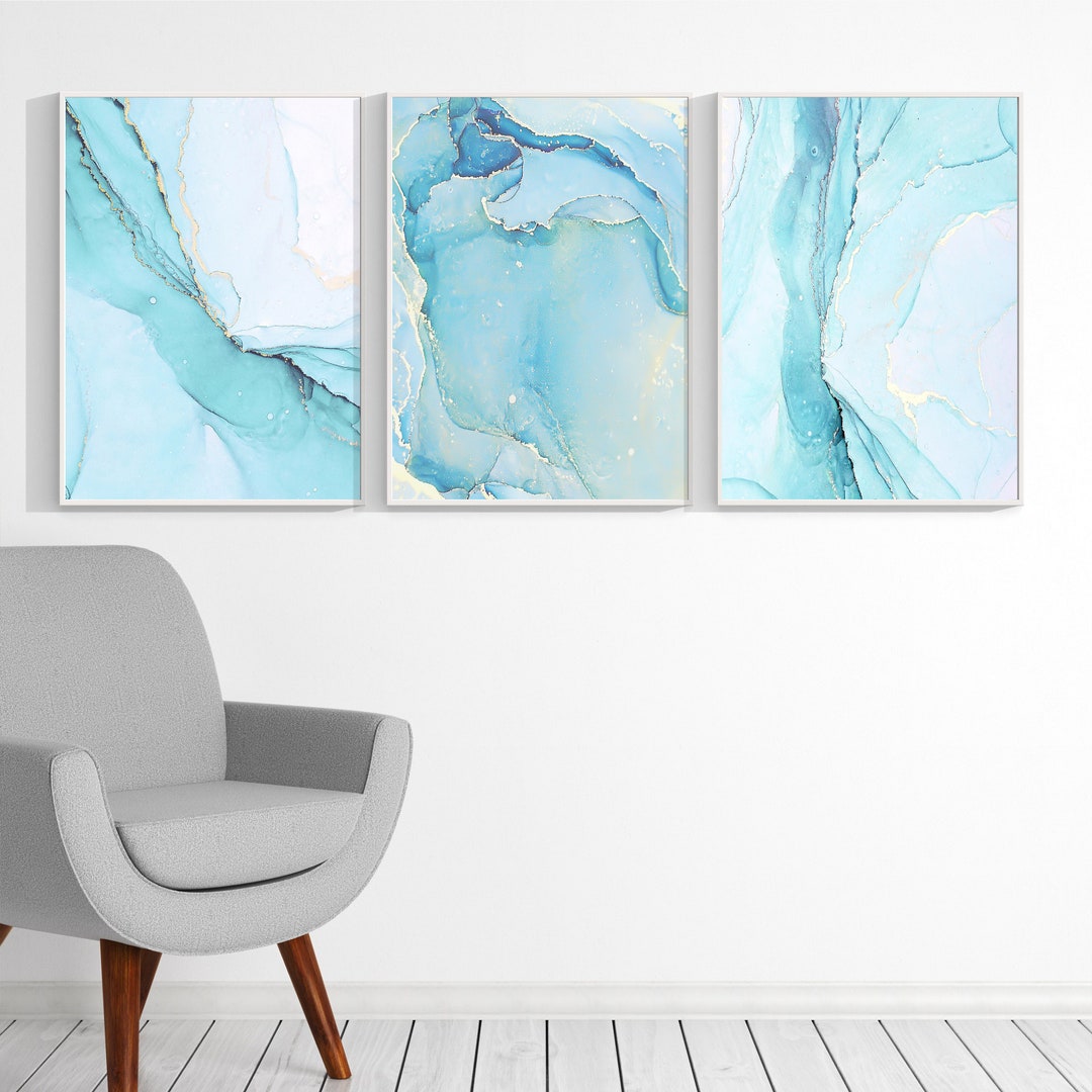 Set of 3 Blue and Gold Marble Prints, Marble Abstract Prints, Marble ...