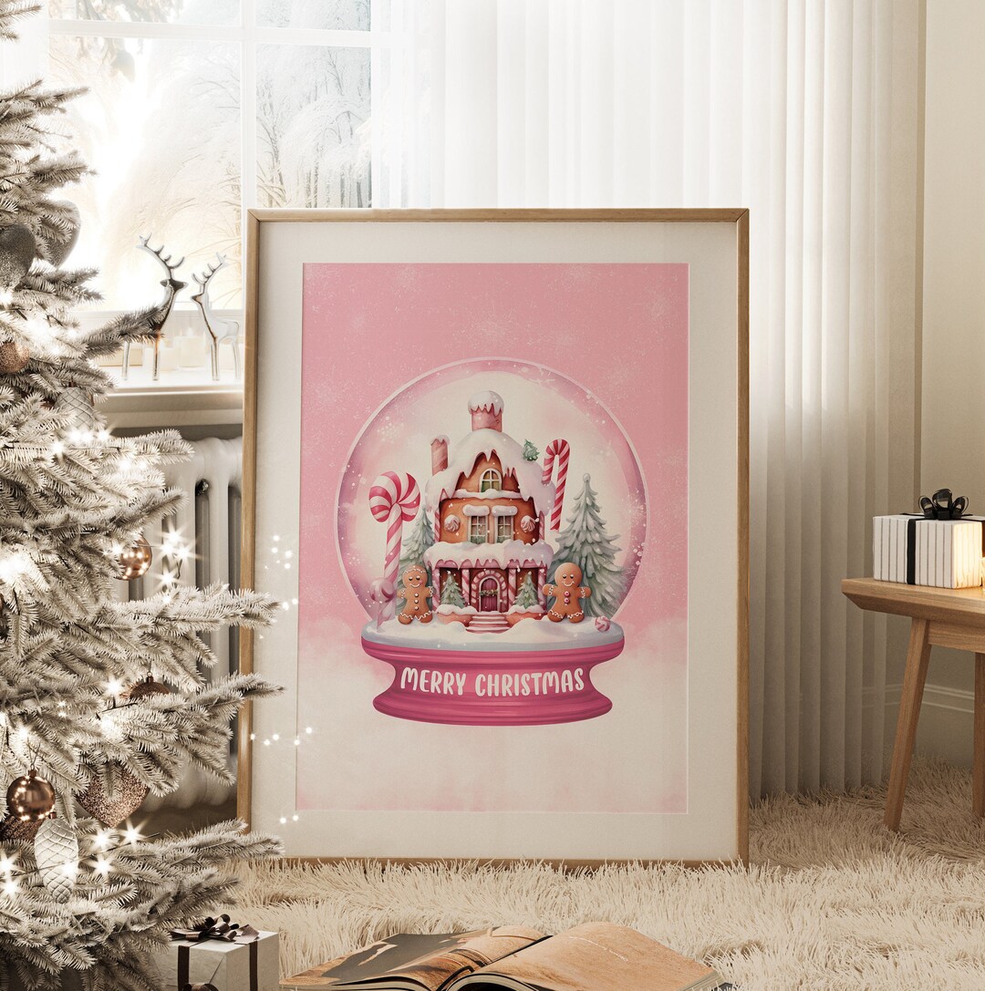 Pink Snow Globe Art Print, Vintage Retro Christmas Wall Art Pink ...