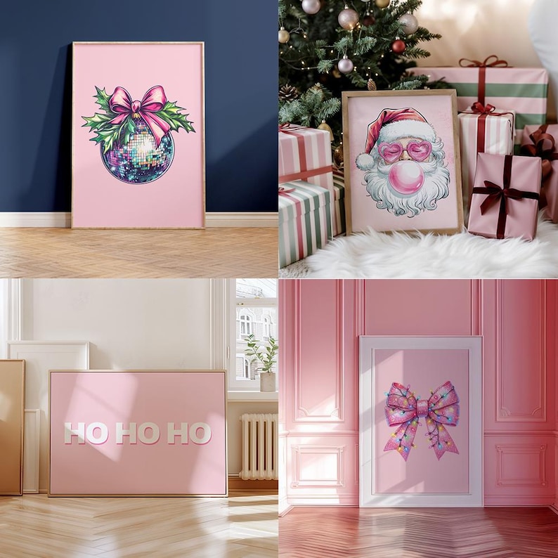 Pink Christmas Prints Wall Art Poster, Vintage Retro Christmas Wall Art ...