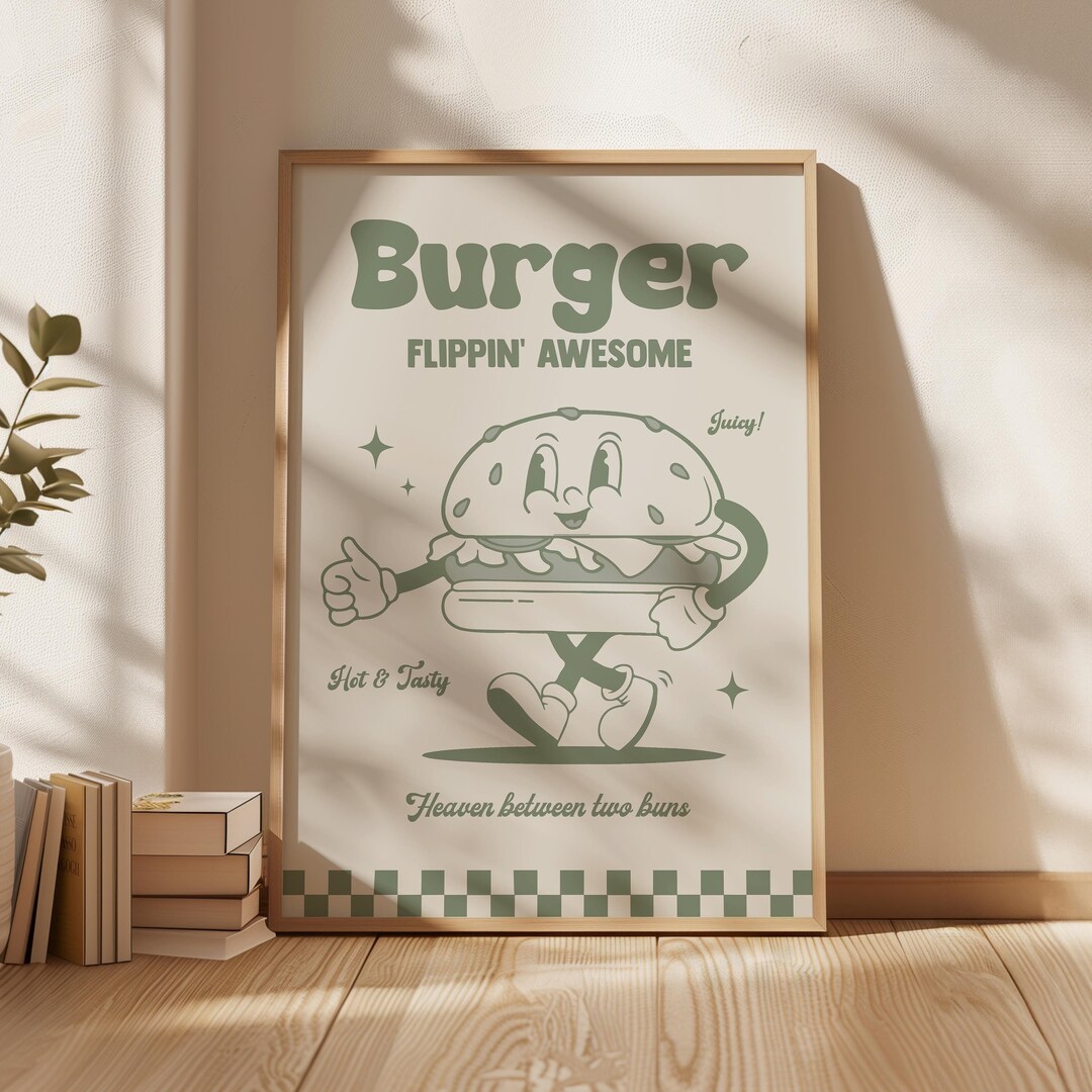 Retro Cartoon Burger Print, Charming Retro Style Burger Print, Gift for ...