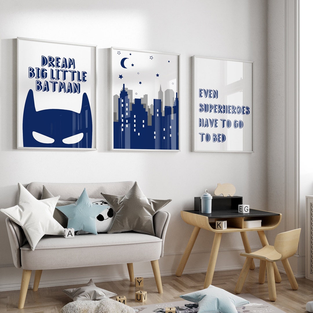 Navy Blue Superhero Prints, Set of 3 Superhero Bedroom Wall Art ...