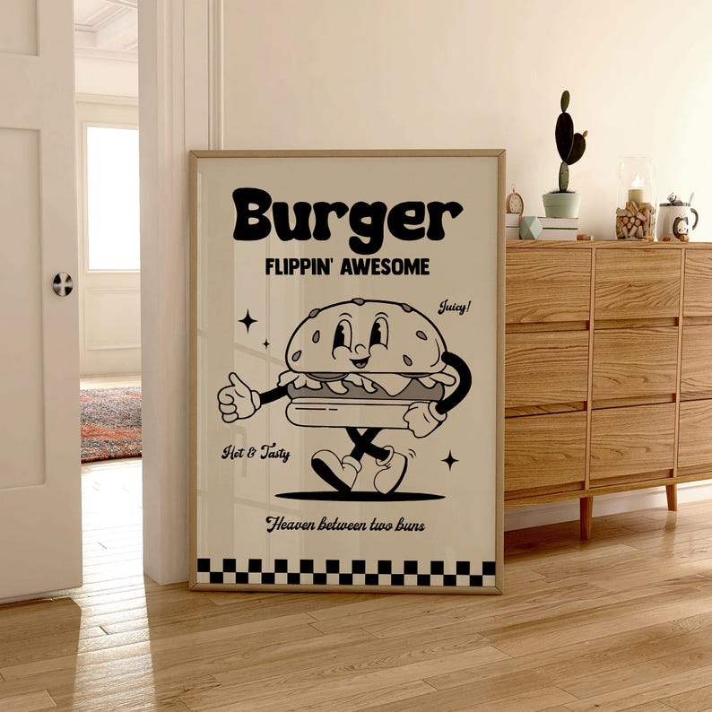 Retro Cartoon Burger Print, Charming Retro Style Burger Print, Gift for ...
