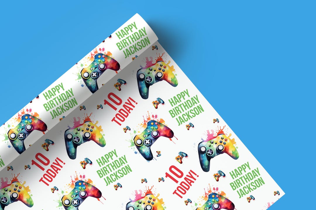 Personalised Gaming Wrapping Paper, Colourful Birthday Gamer Gift Wrap ...