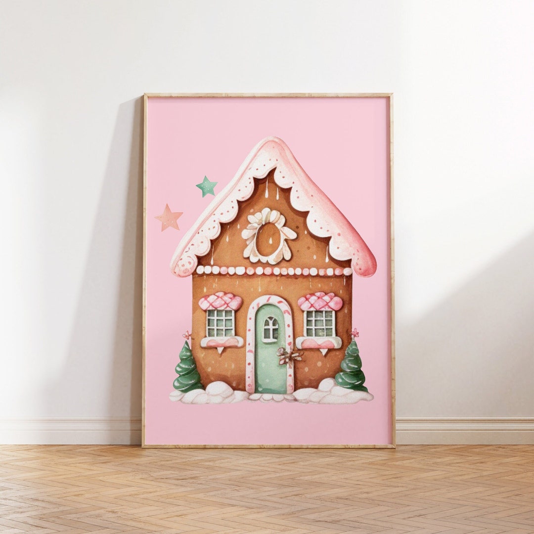 Pink Gingerbread House Art Print, Retro Christmas Wall Art Pink ...
