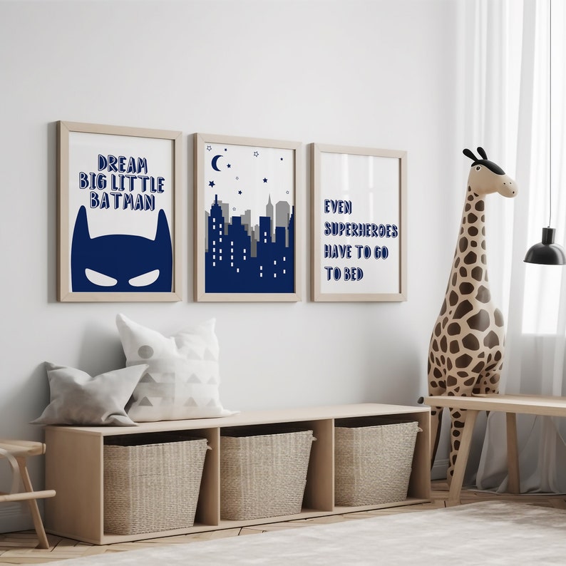 Navy Blue Superhero Prints, Set of 3 Superhero Bedroom Wall Art ...
