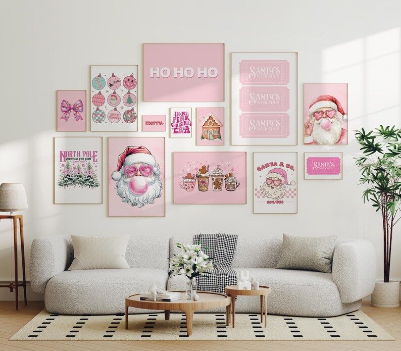 Pink Christmas Prints Wall Art Poster, Vintage Retro Christmas Wall Art ...