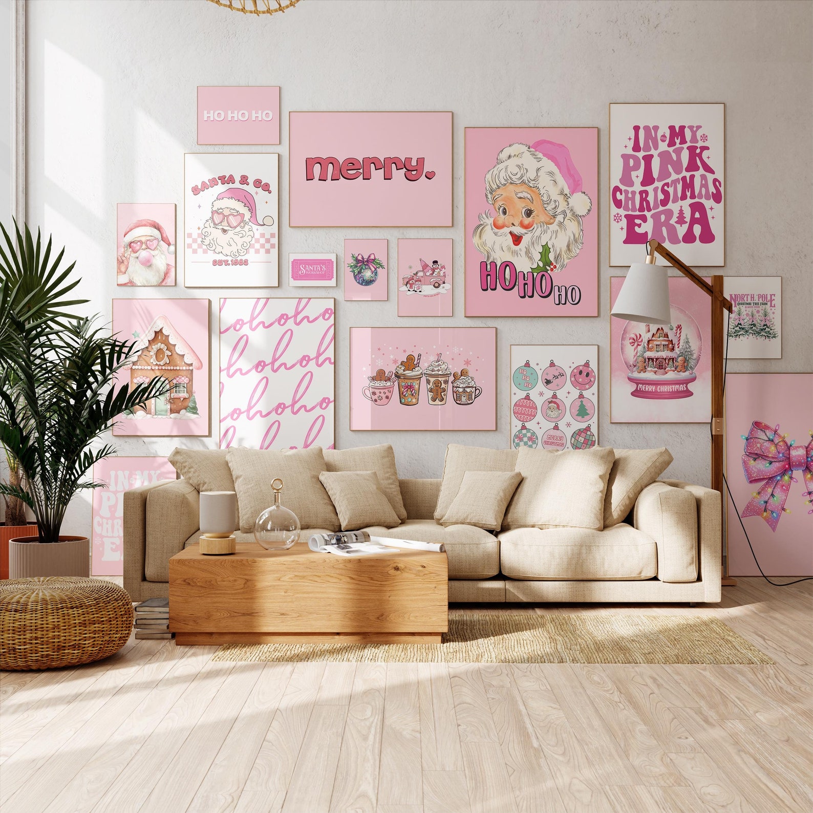 Pink Christmas Prints Wall Art Poster, Vintage Retro Christmas Wall Art ...