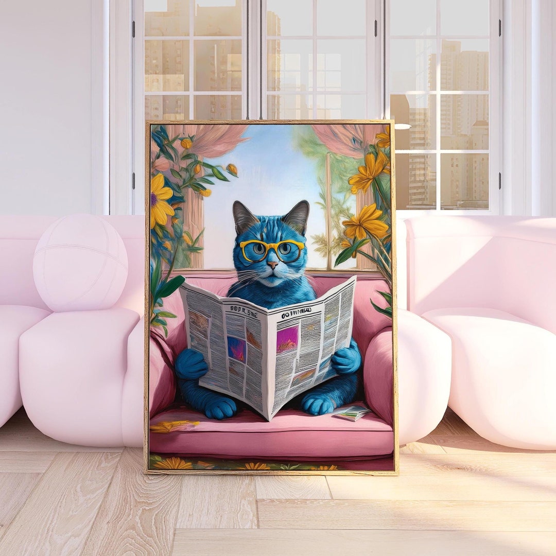 Retro Cat Reading a Newspaper Print Wall Art, Retro Print, Quirky Wall ...