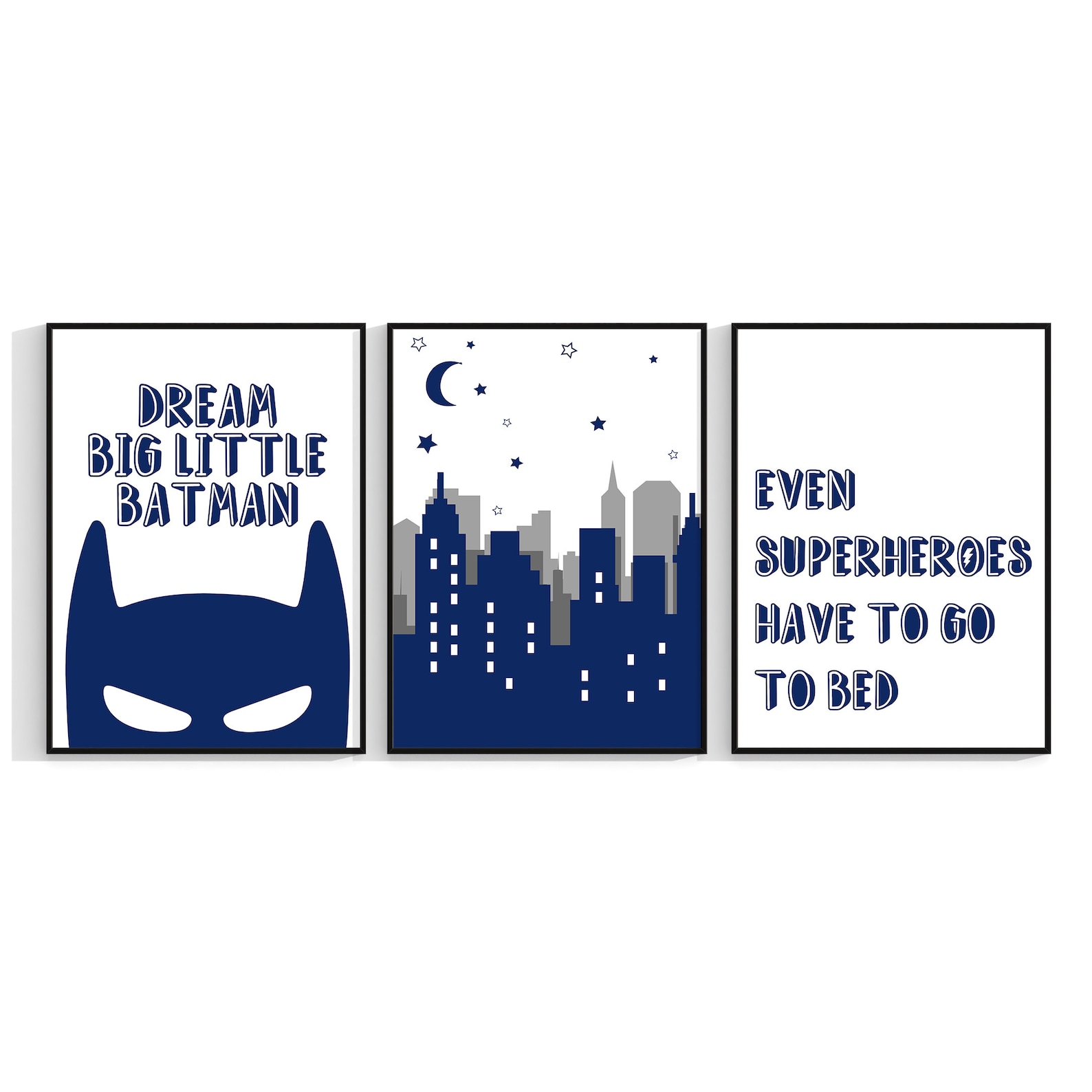 Navy Blue Superhero Prints, Set of 3 Superhero Bedroom Wall Art ...