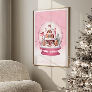 Pink Snow Globe Art Print, Vintage Retro Christmas Wall Art Pink ...