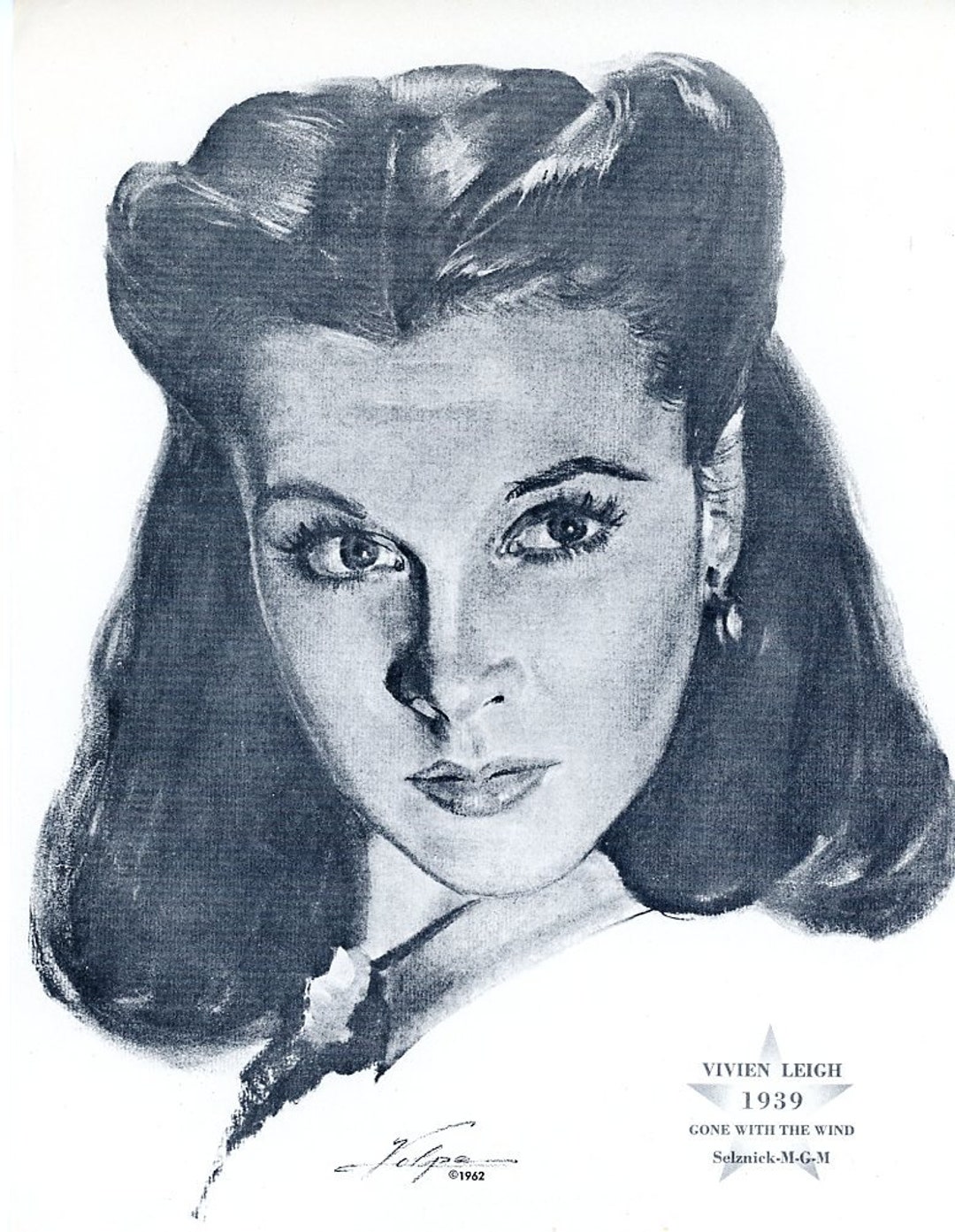 Vivien Leigh, Vintage Original Charcoal Sketch, Vintage Print, Black ...
