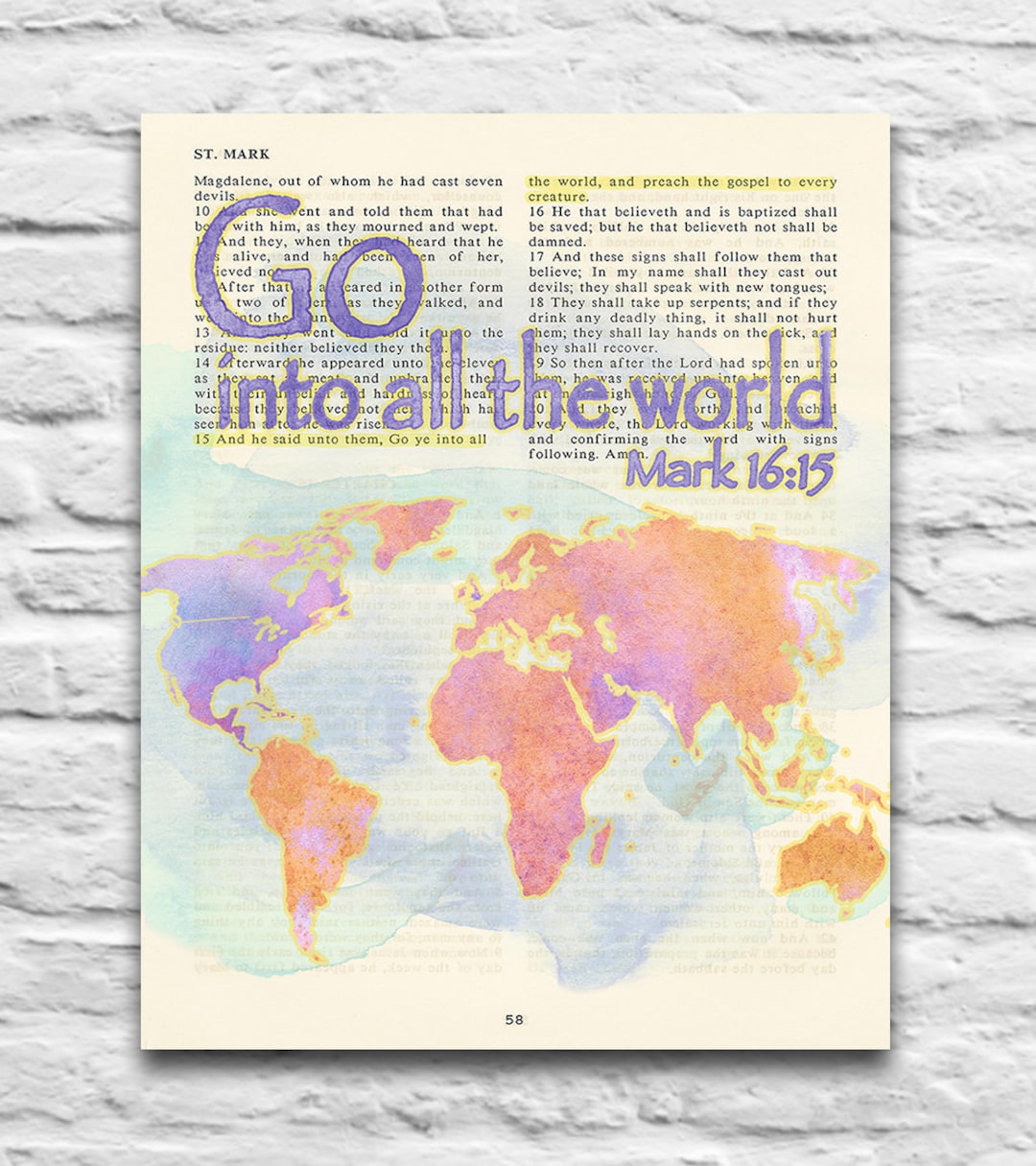 Mark 16:15 - Go Into All the World - Vintage Bible Page Printable ...