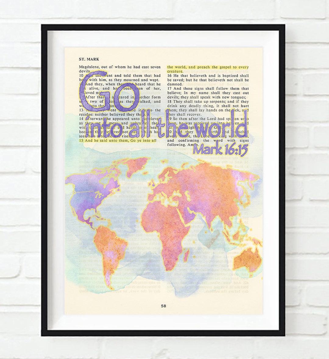 Vintage Bible Page Verse Scripture - Go Into All the World - Mark 16:15 ...