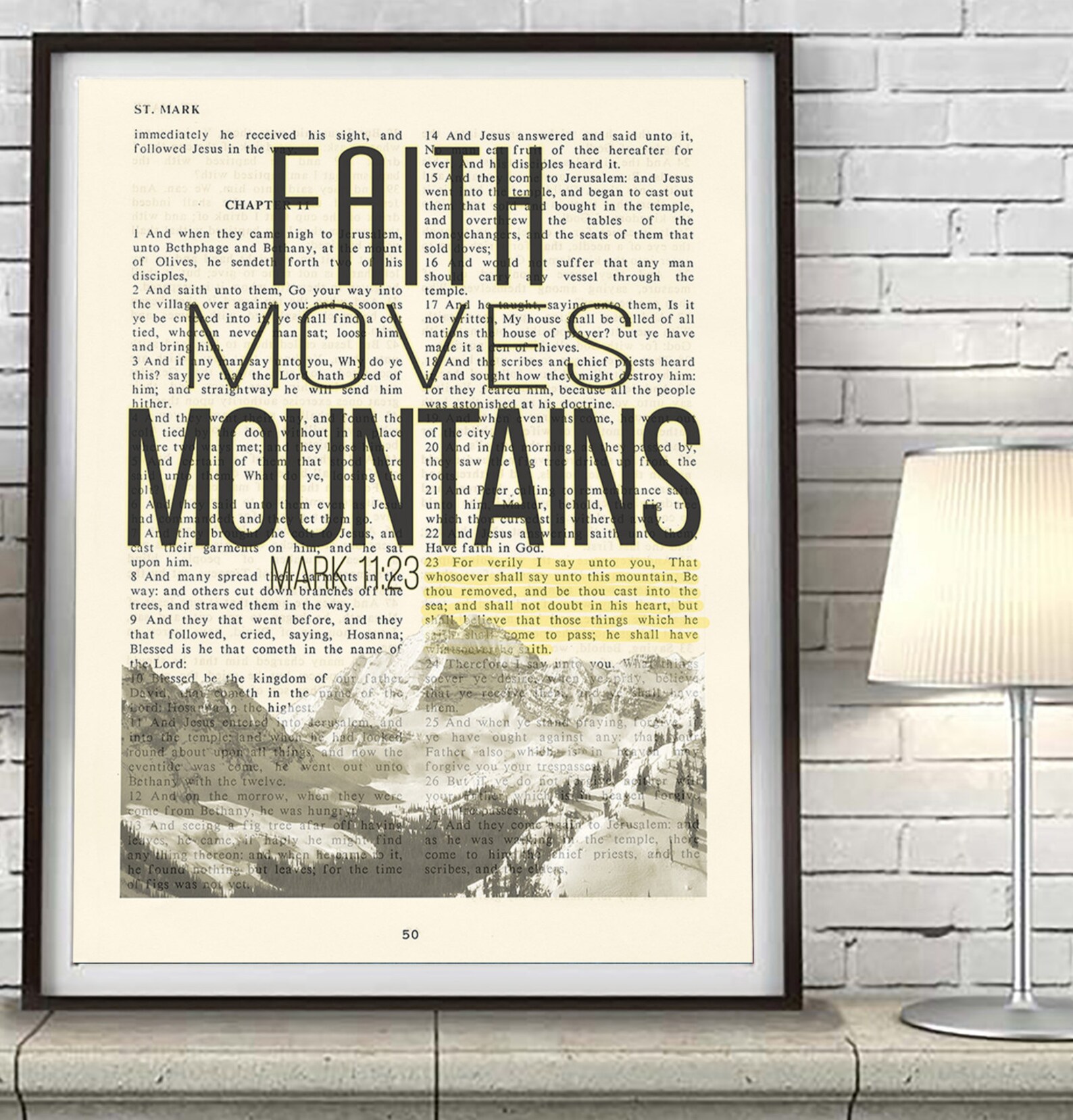 Vintage Bible Page Verse Scripture - Faith Move Mountains - Mark 11:23 ...