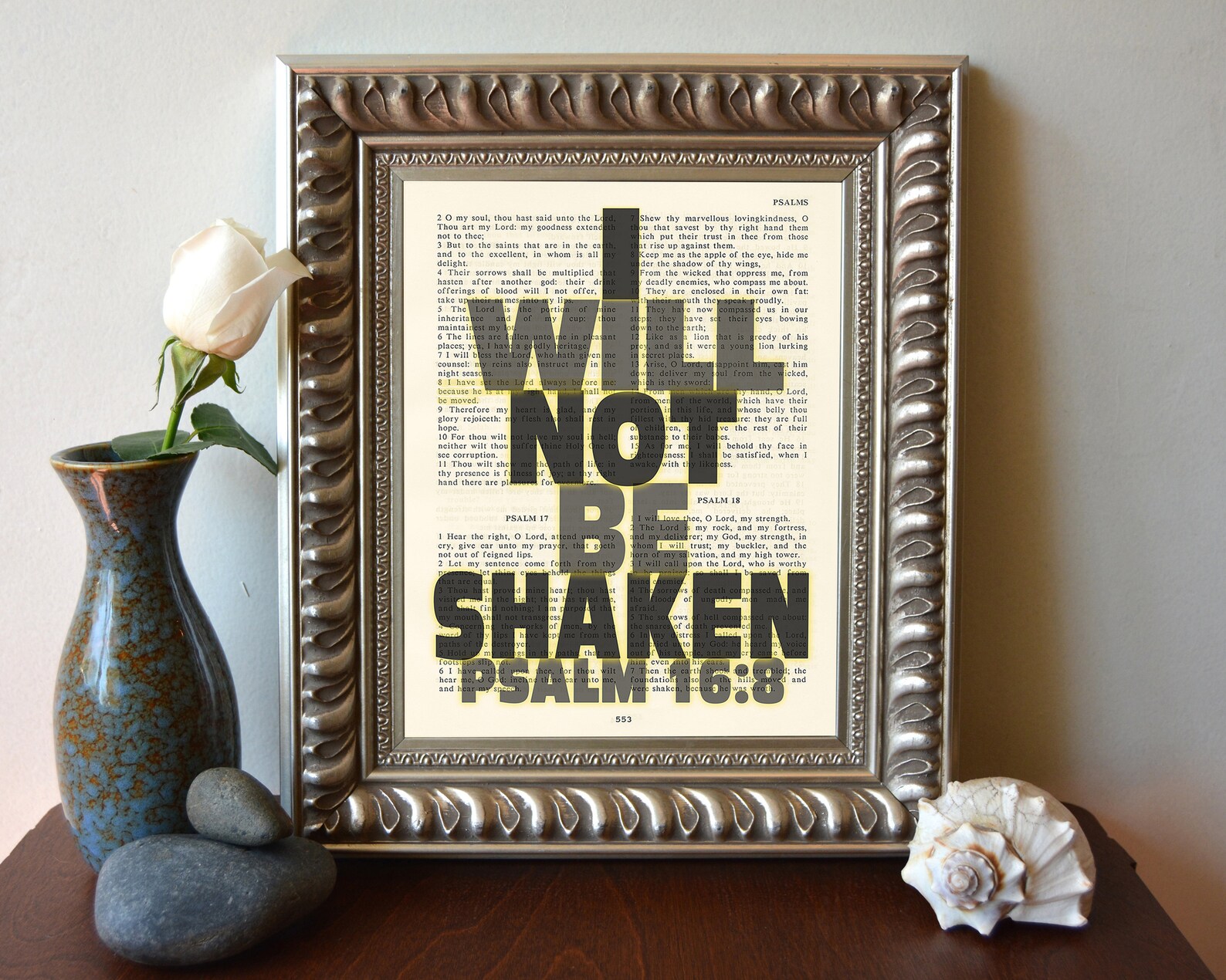 Vintage Bible Page Verse Scripture - I Will Not Be Shaken- Psalm 16:8 ...