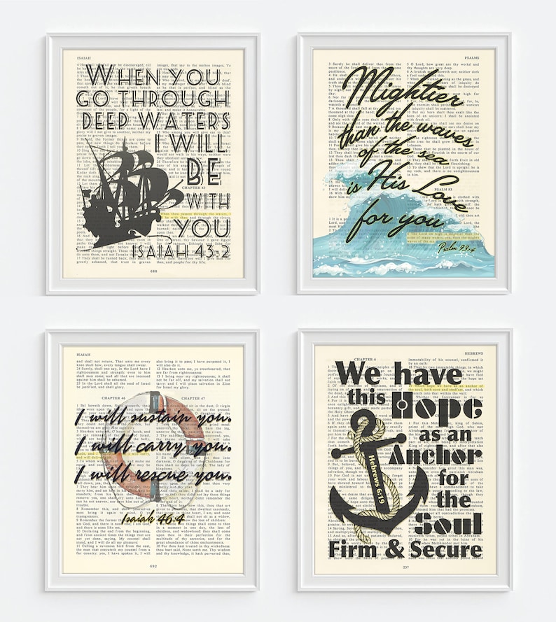 Nautical Bible Verse Favorite Art Prints, Set of 4, UNFRAMED, Vintage ...