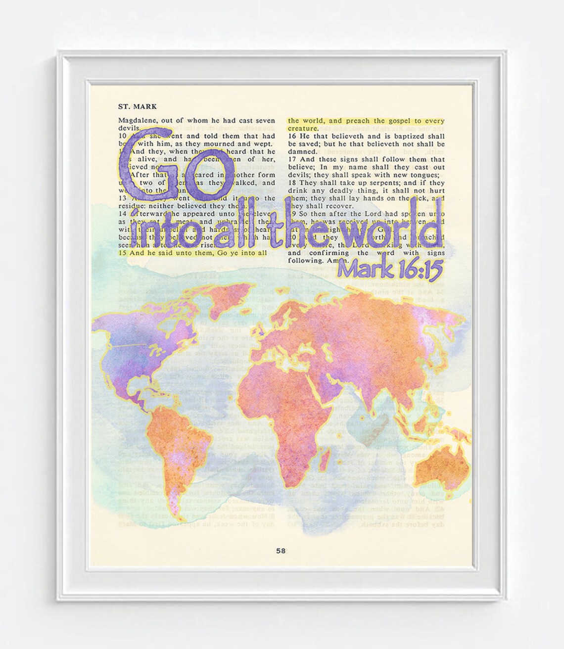 Vintage Bible Page Verse Scripture - Go Into All the World - Mark 16:15 ...