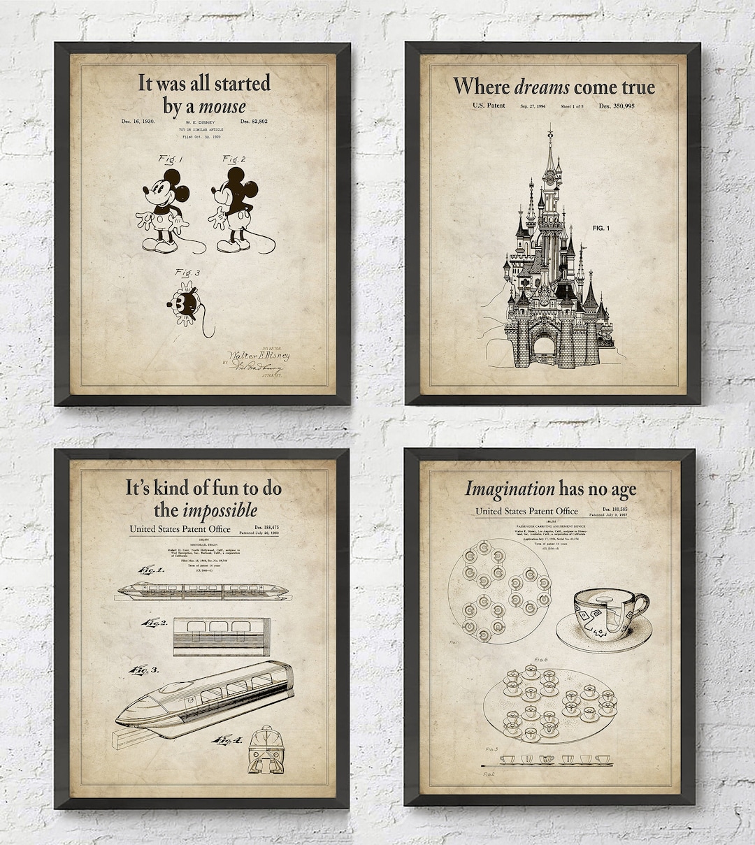 Disney Patent Art Prints, Set of 4, Mickey Mouse, Cinderella Castle - Etsy