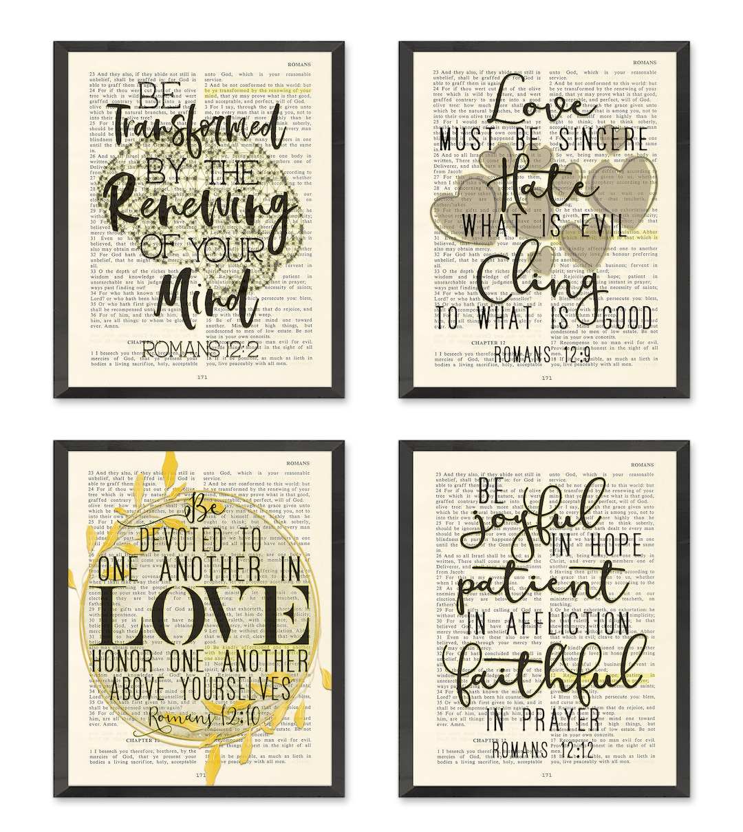 Romans 12 Bible Verse Art Prints, Set of 4, UNFRAMED, Christian Art ...