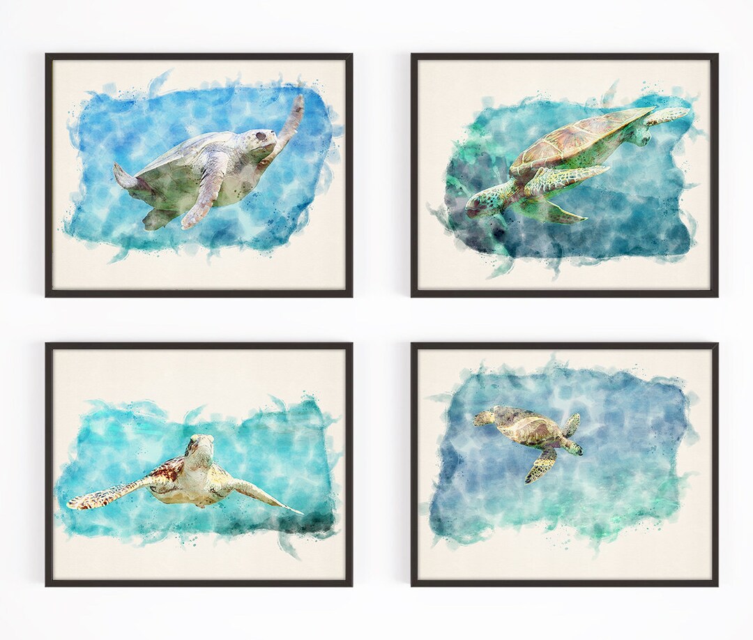 Sea Turtle Digital Sketch and Watercolor Reproduction Art Prints, Set ...