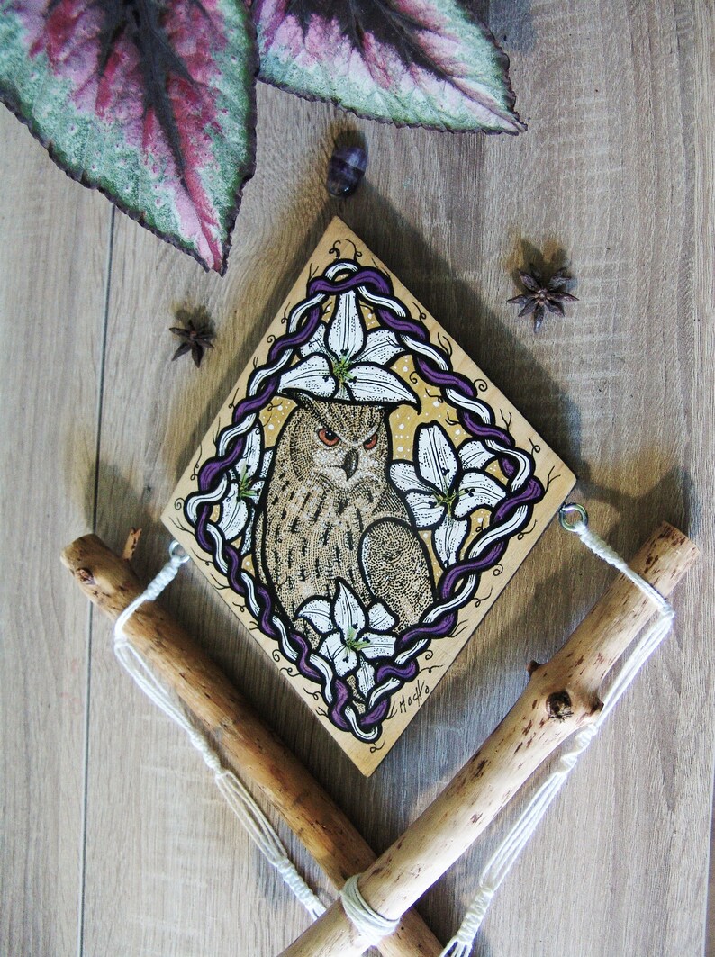 Owl spirit guide_chakras_ecological_vegan art_macrame wood | Etsy